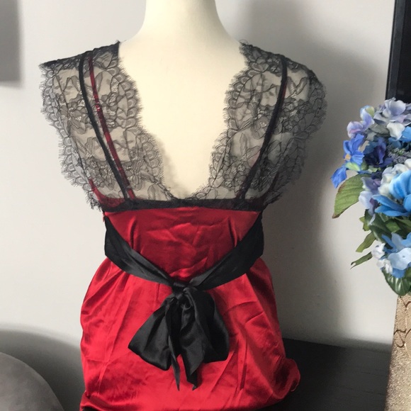 Tops | Red Silk Shirt With Black Lace | Poshmark